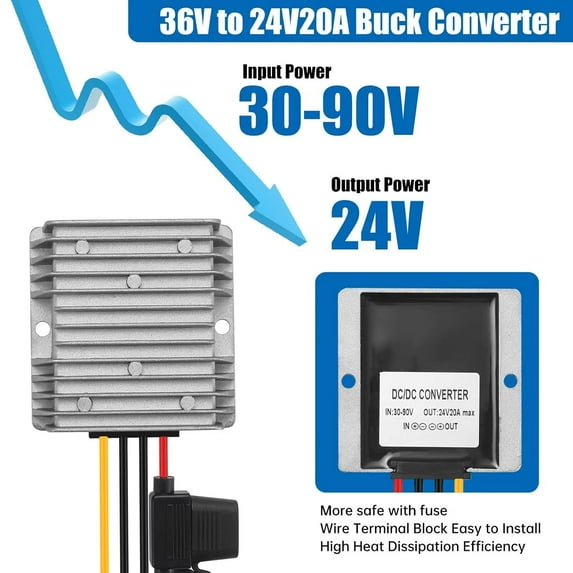 LINYAN-DC 30V-90V to 24V 20A 480W Waterproof Buck Power Converter DC to ...