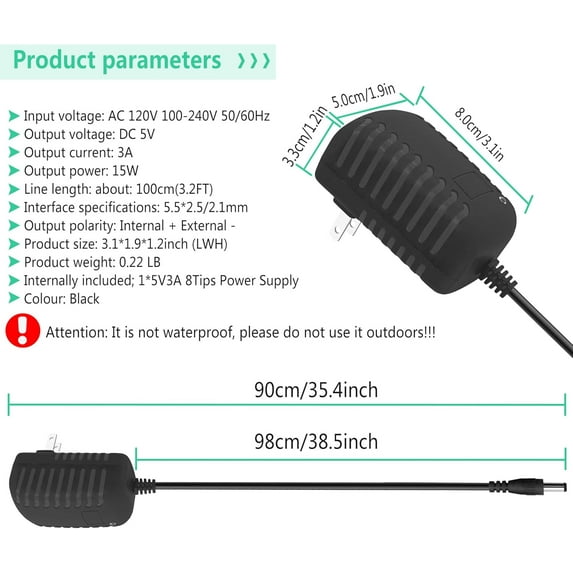 LINYAN-DC 5V 3A Power Supply 5V Power Adapter with 8Tips Replaceable ...