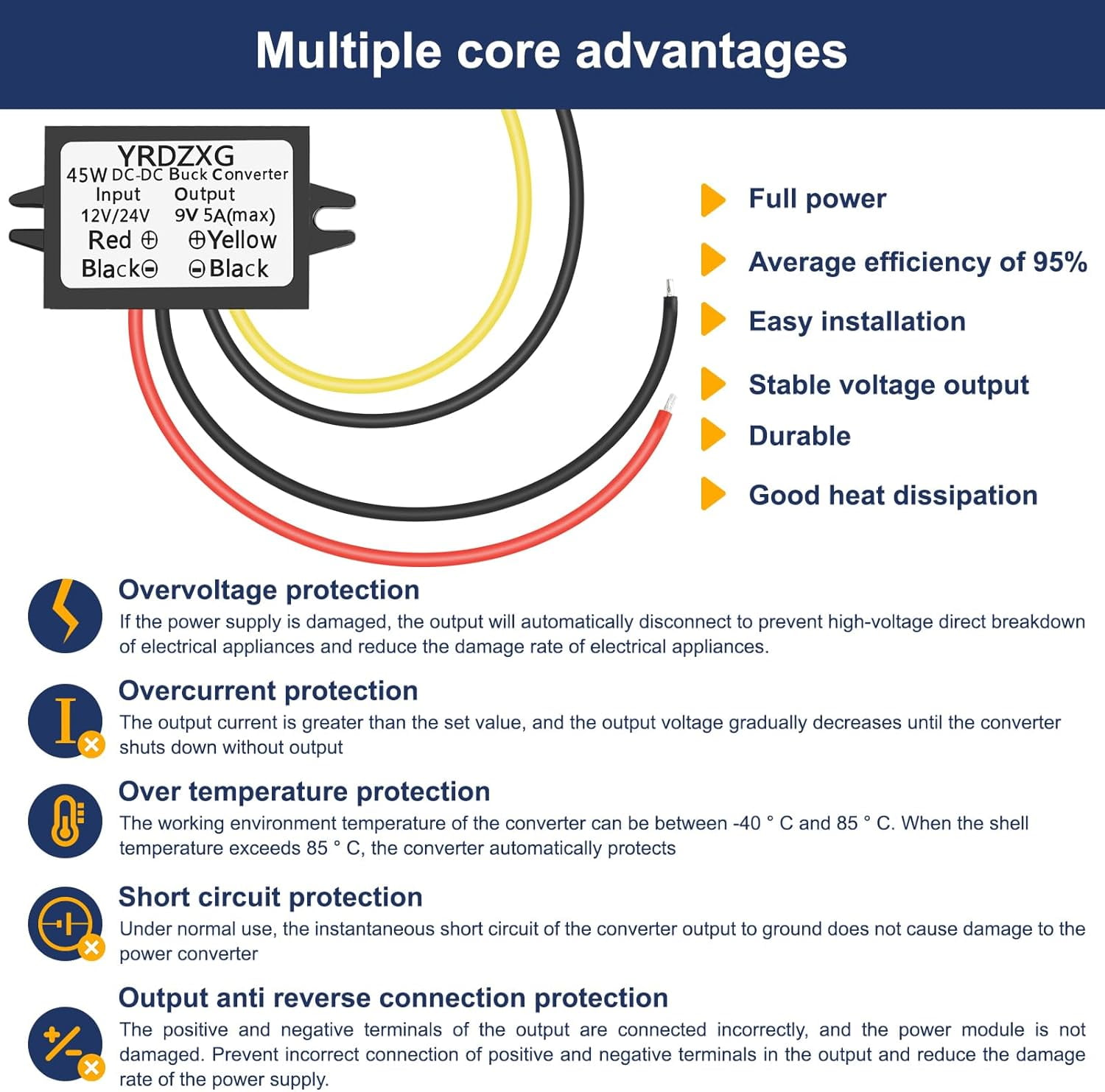 LINYAN-DC-DC 9V Step-Down Adapter 12V 24V to 9V 5A 45W Buck Converter ...