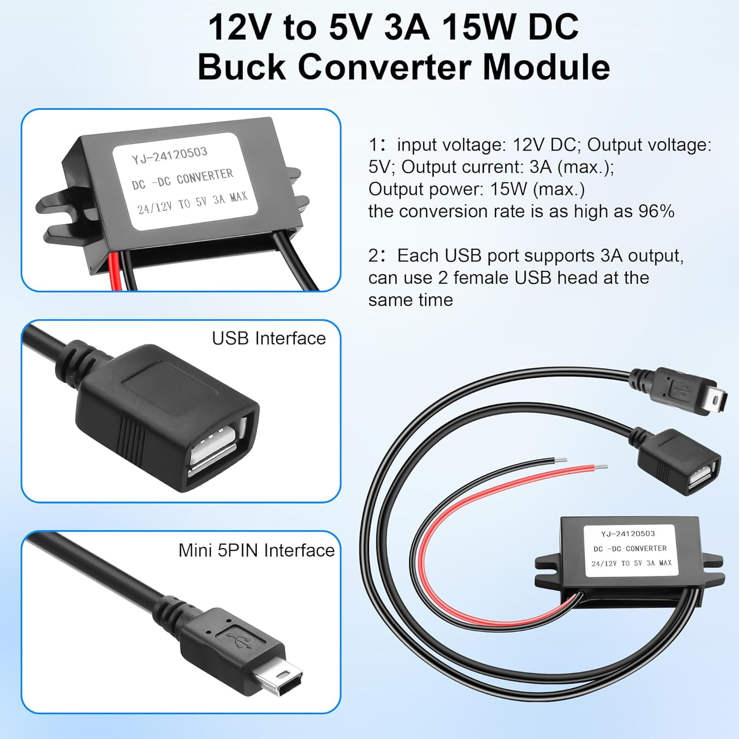 LINYAN-DC-DC Buck Converter Module 12V to 5V 3A 15W with Mini and USB ...