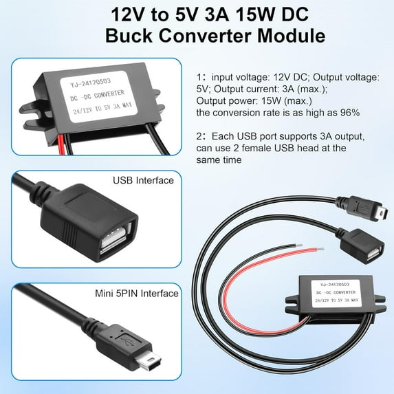 LINYAN-DC-DC Buck Converter Module 12V to 5V 3A 15W with Mini and USB ...