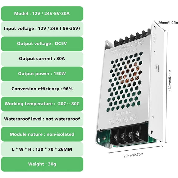 LINYAN-DC Voltage Regulator Buck Converter - 12V/24V to 5V/30A 150W ...