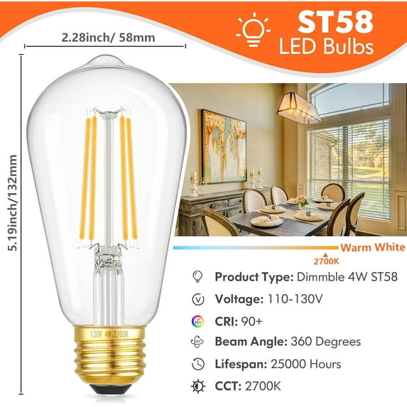 LINYAN-Dimmable Vintage LED Edison Bulbs, 4W 40W Equivalent LED Bulbs ...