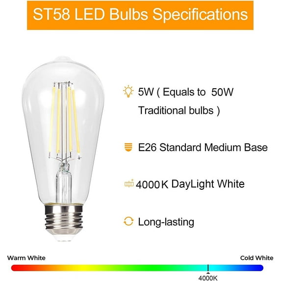 LINYAN-Dimmable Vintage LED Edison Bulbs, 5W, Equivalent 50W, 450lm ...
