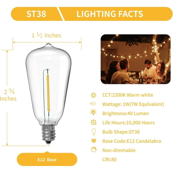 LINYAN-E12/C7 Base LED Replacement Bulbs for ST38 Outdoor String Lights ...