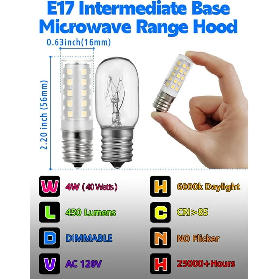 LINYAN-E17 LED Dimmable Under Hood Microwave Bulb 40W Equivalent, 125v ...
