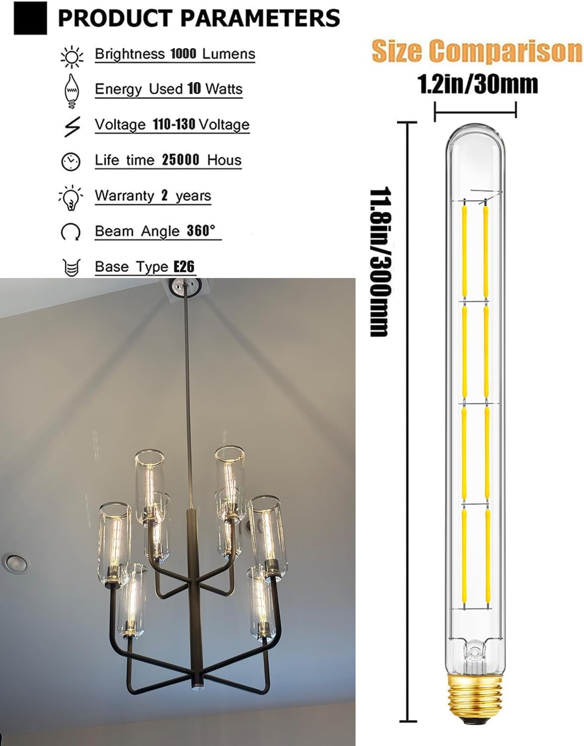 LINYAN-E26 Tubular Light Bulb,Dimmable Long Led Bulbs 10W,4000K ...