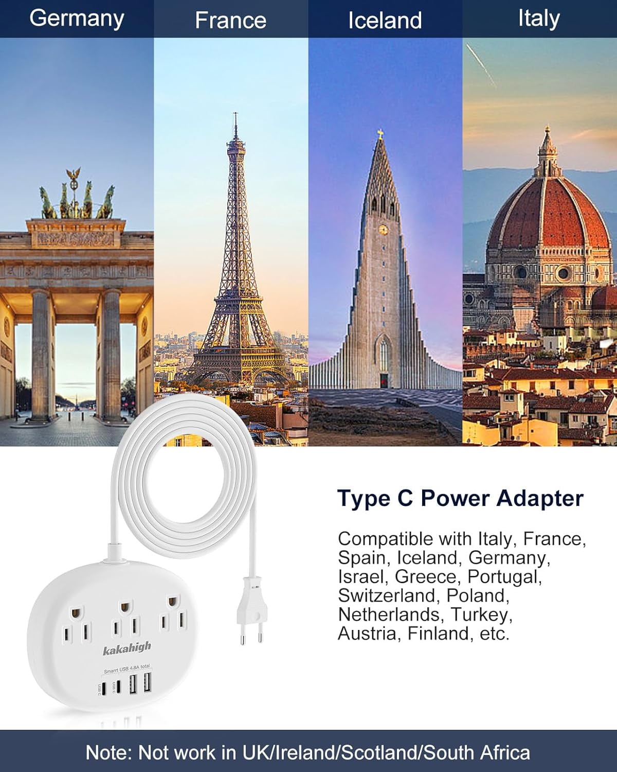LINYAN-European Travel Plug Adapter with USB C, Multi Country Outlet ...