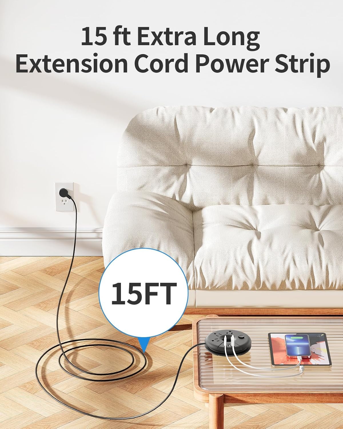 LINYAN-Extra Long Extension Cord 15 ft, Flat Plug Power Strip with 3 ...