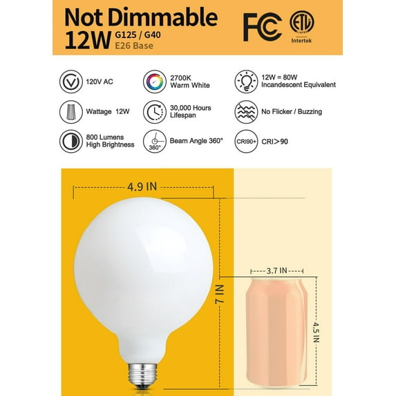 LINYAN-G125 Oversize LED Globe Light Bulb, 12W Warm White 2700K G40 ...