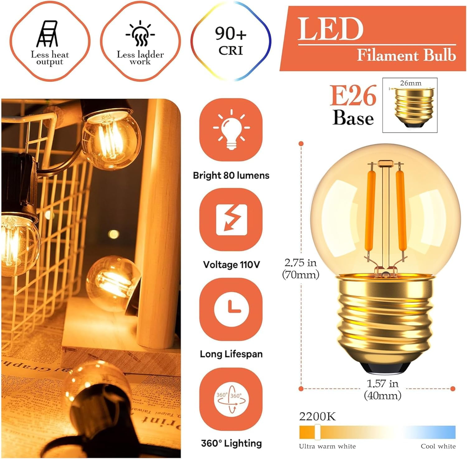 LINYAN-G40 Low Watt Light Bulb Edison LED Bulb Mini Globe Light Bulbs ...