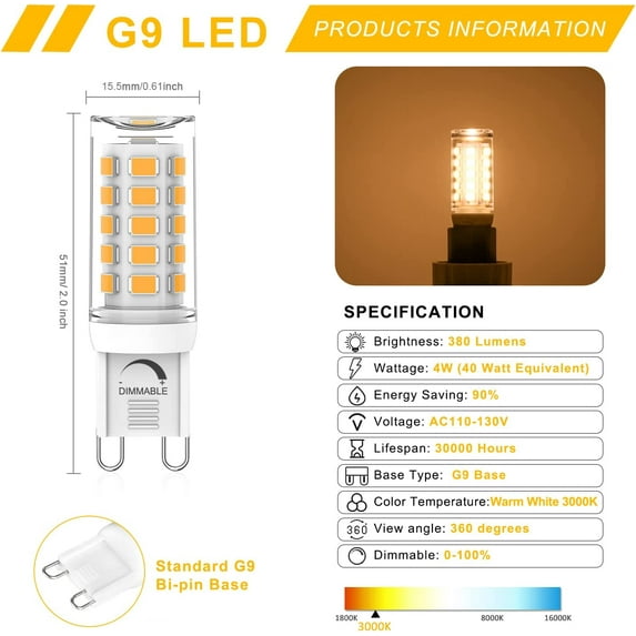 LINYAN-G9 LED Bulb Dimmable, 4W, 40W Halogen Equivalent, 3000K Warm ...