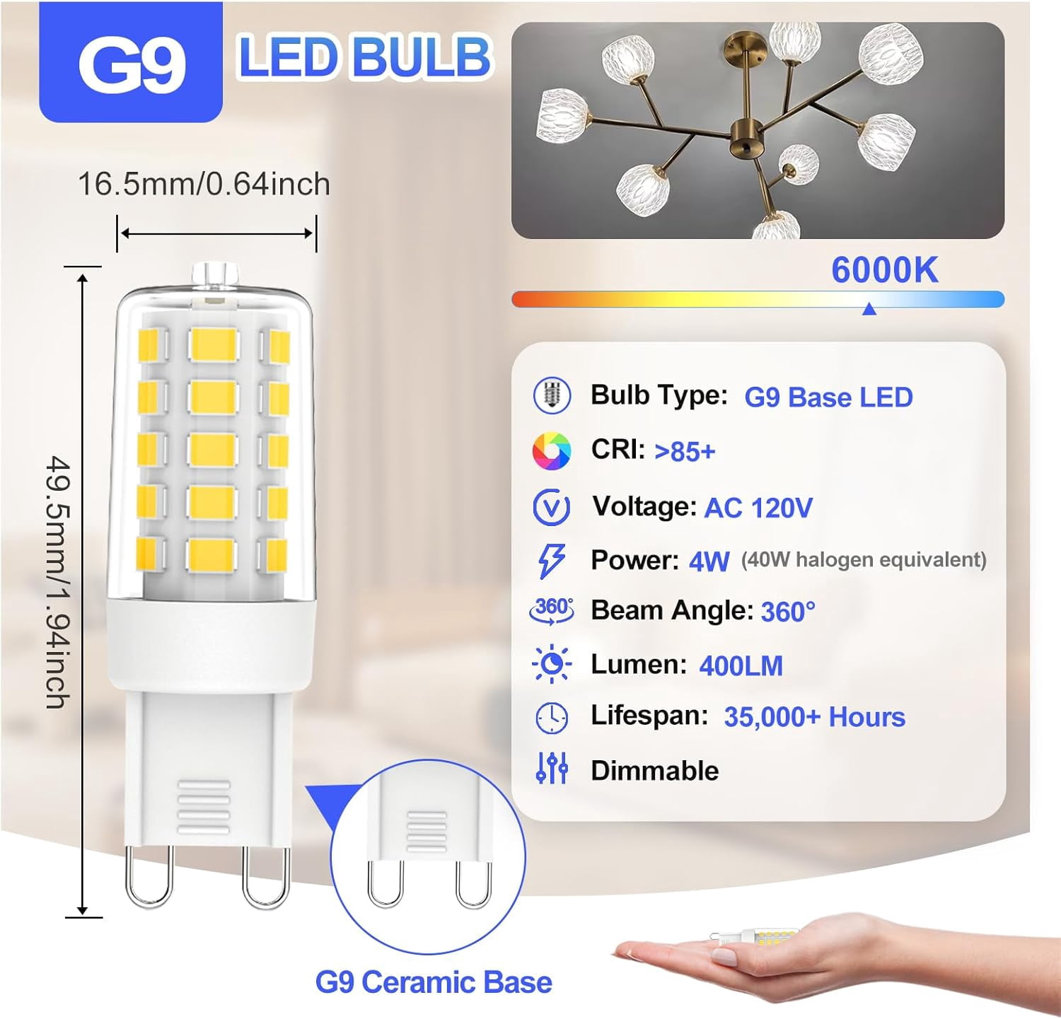 LINYAN-G9 LED Bulbs, 40 Watt Equivalent T4 Chandelier Light Bulb, 6000K ...