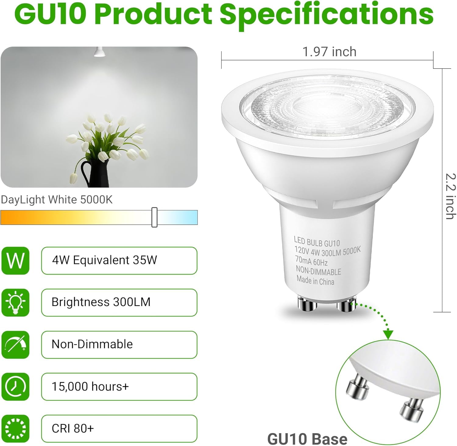 LINYAN-GU10 LED Light Bulbs Non-Dimmable, 4W, 5000K Daylight White ...