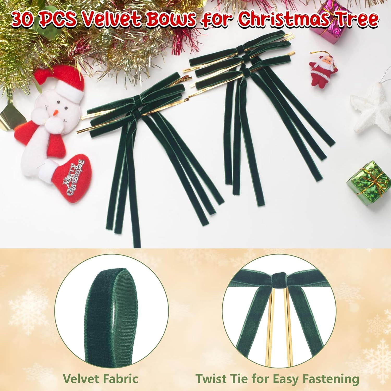 LINYAN-Green Velvet Bows for Christmas Tree, 30 PCS Mini Christmas Bows ...