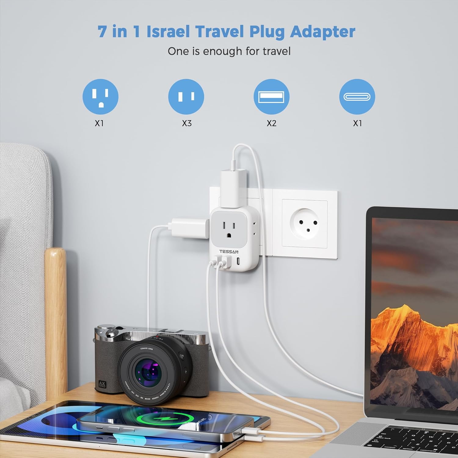 LINYAN-Israel Power Adapter, US to Israel Plug Adapter with 4 American ...