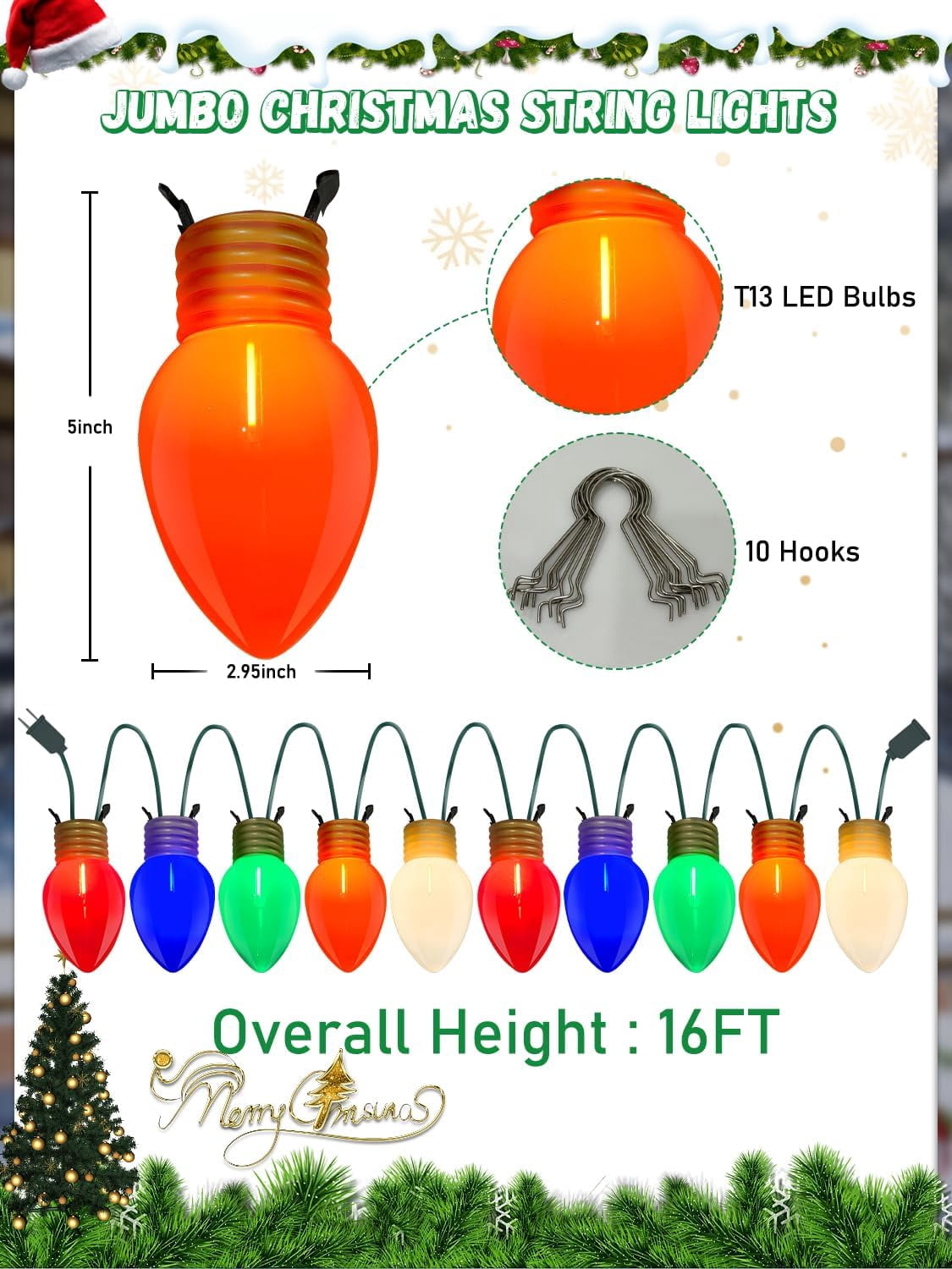 LINYAN-Jumbo Christmas Lights, 16FT Large Christmas Lights with 10 5 ...