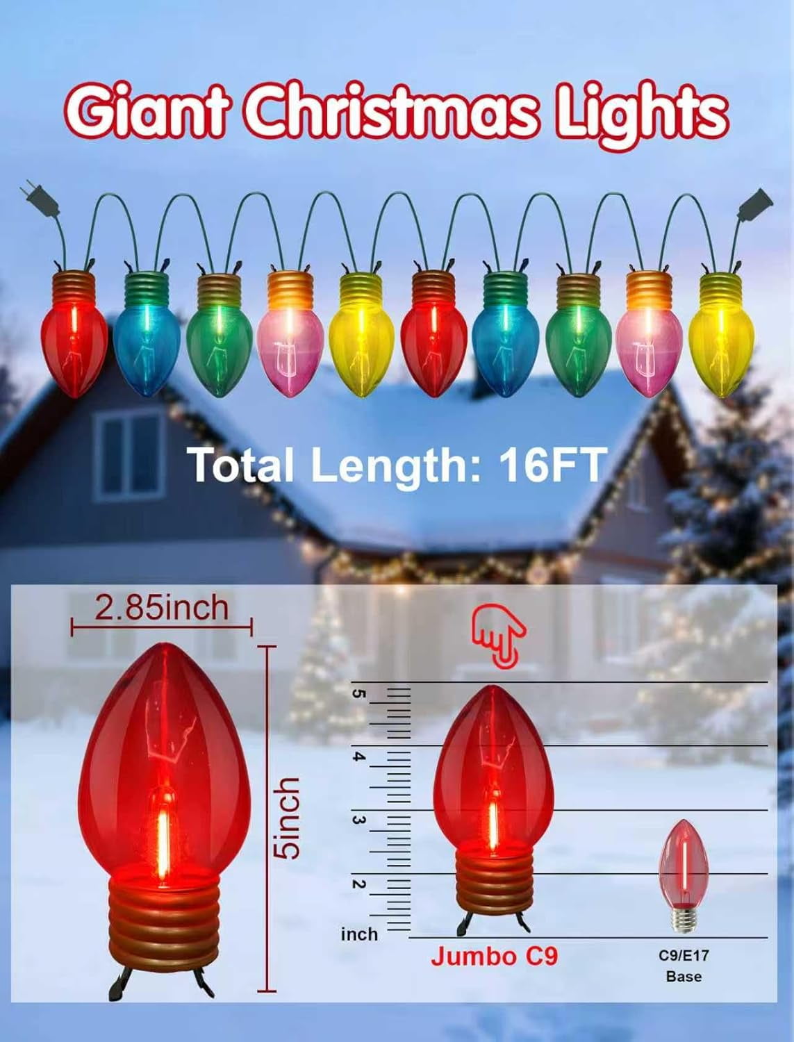 LINYAN-Jumbo Outdoor Christmas Lights,16FT C9 Jumbo Xmas String Lights ...