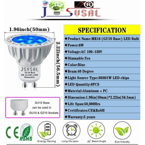 LINYAN-MR16 (GU10 Base) LED Light Bulb,Dimmable,120-Volt,Blue, 6-Watt ...