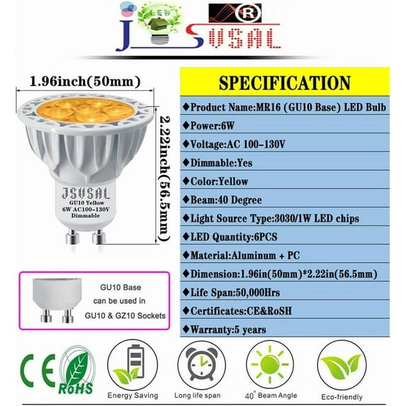 LINYAN-MR16 (GU10 Base) LED Light Bulb,Dimmable,120-Volt,Yellow, 6-Watt ...