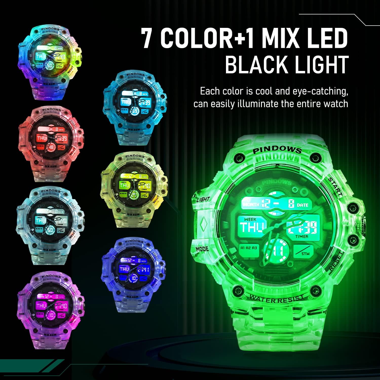 LINYAN-Mens Watch for Men Digital Sports Watch,7 Color LED Light Large ...