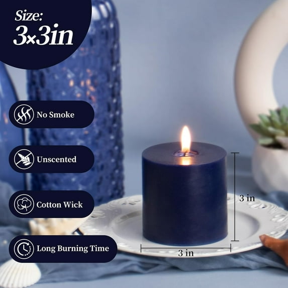 LINYAN-Navy Blue Pillar Candles Set of 3, 3"x 3" Unscented Pillar ...