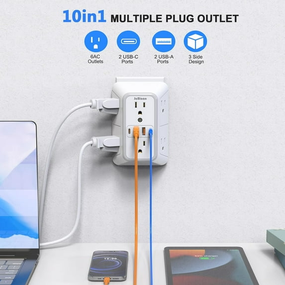 LINYAN-Outlet Extender Surge Protector - 6 Outlet Splitter with 4 USB ...