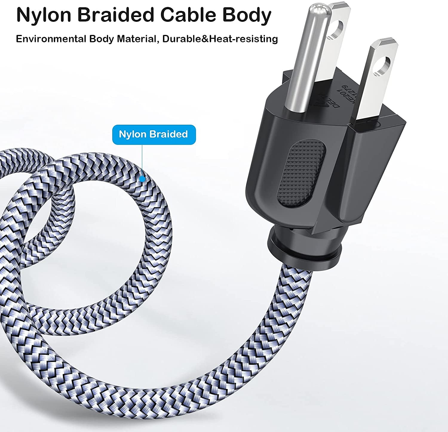 LINYAN-Power Cord, 10A 18AWG AC Power Cable 10FT(3m) Nylon Braided 3 ...