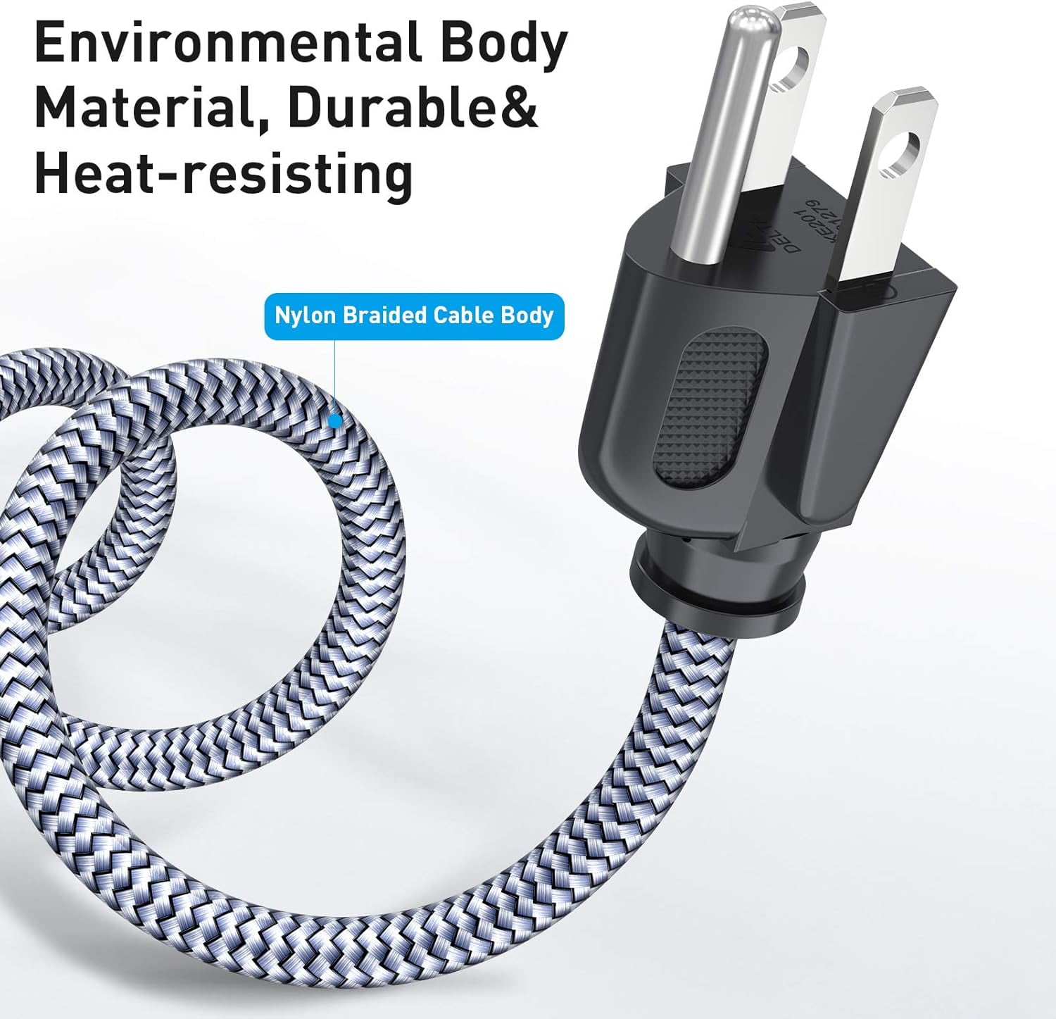 LINYAN-Power Cord, 3 Prong AC Power Cable 6.6FT(2m) Nylon Braided ...