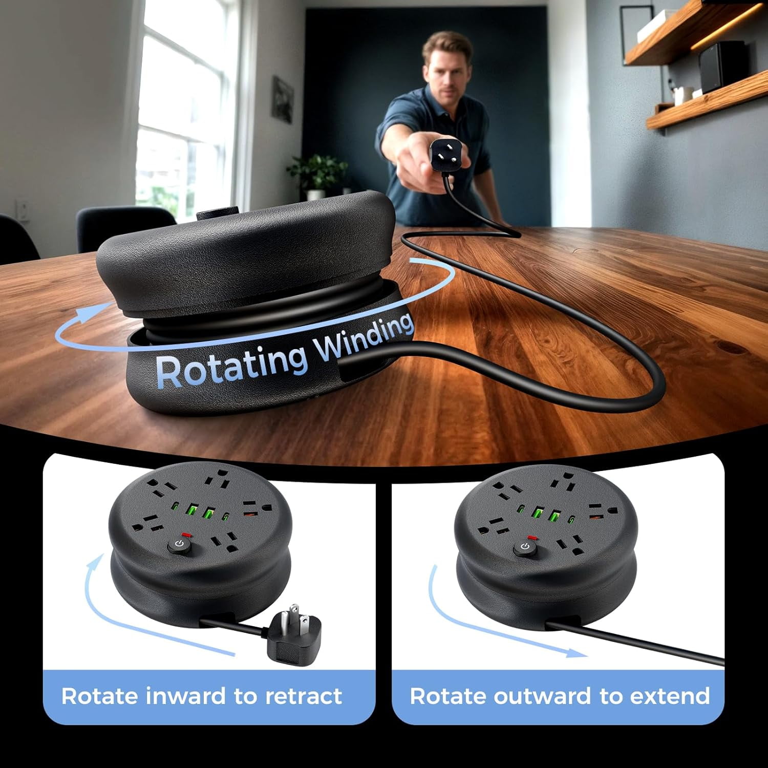 LINYAN-Power Strip Surge Protector-6.56 ft Retractable Travel Extension ...