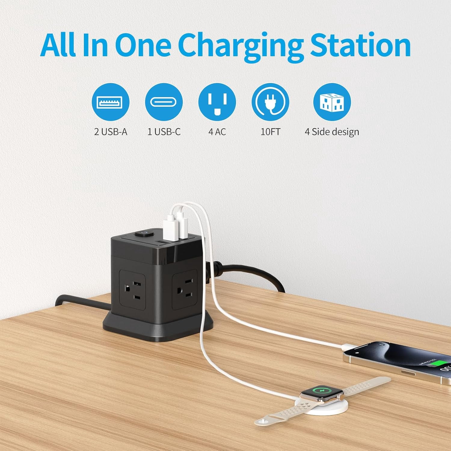LINYAN-Power Strip with USB C, Flat Plug Extension Cord with 4 Outlets ...