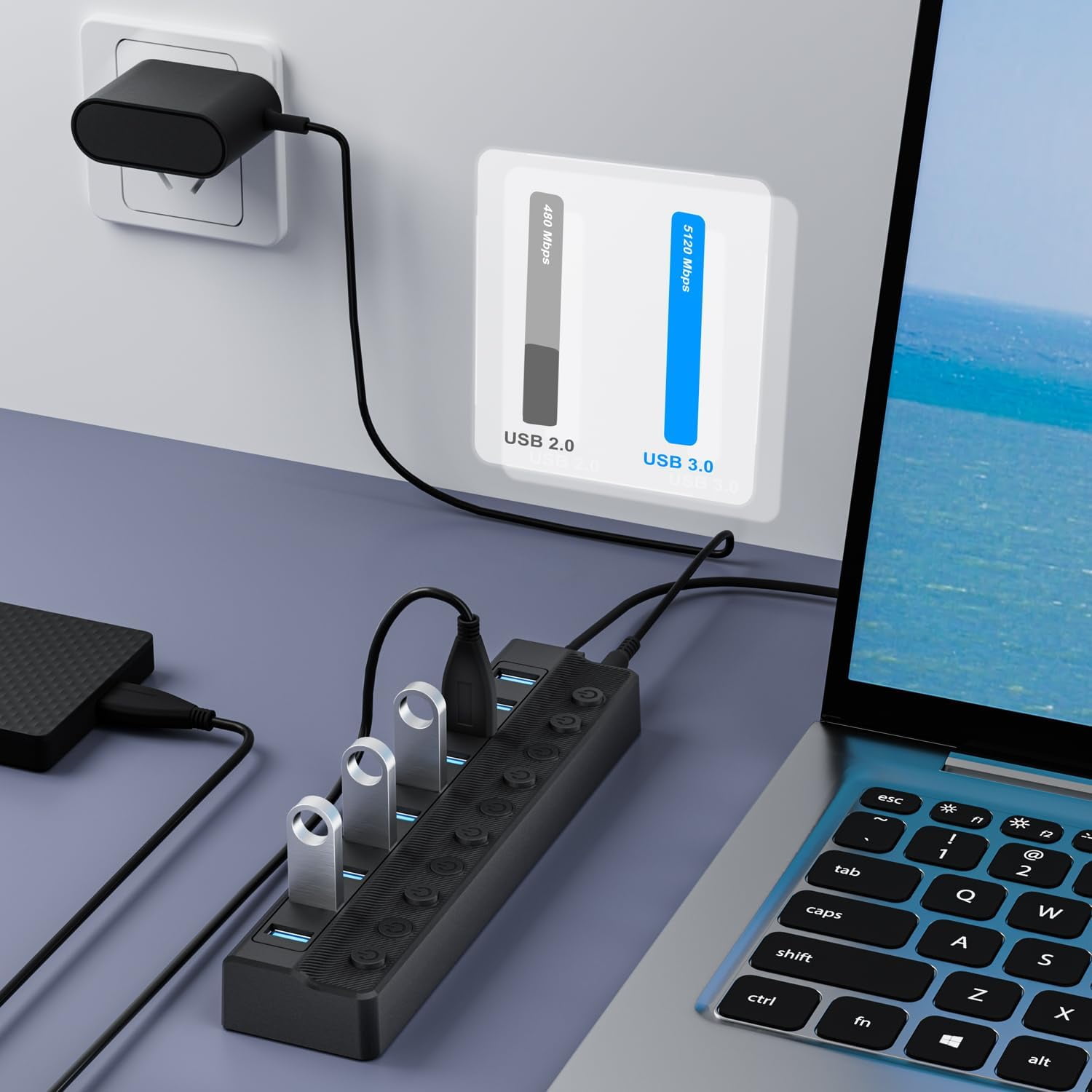LINYAN-Powered USB Hub 3.0, 10-Port USB Splitter Hub with Individual On ...