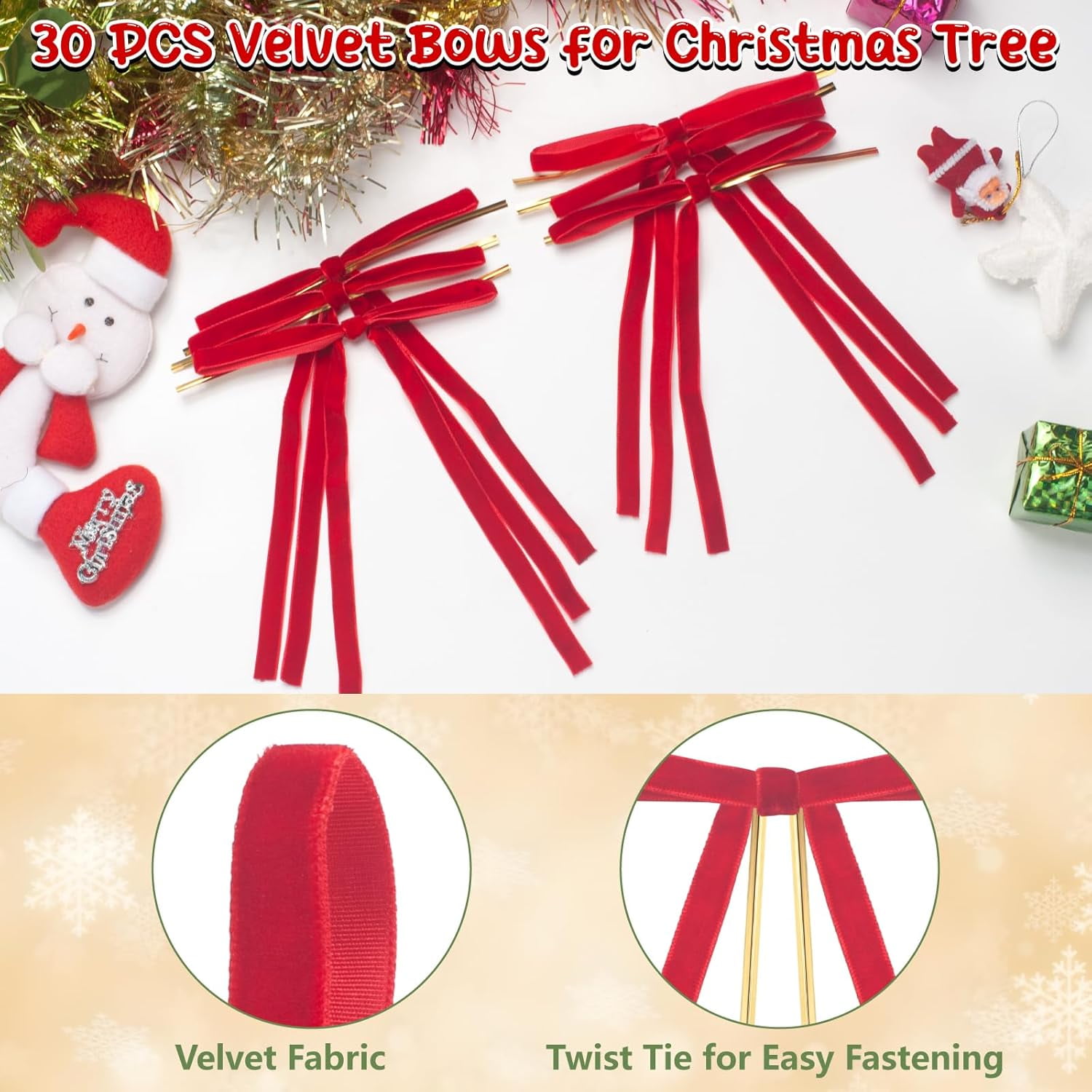 LINYAN-Red Velvet Bows for Christmas Tree, 30 PCS Small Red Christmas ...