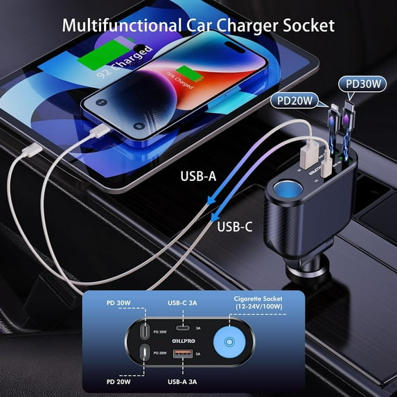 LINYAN-Retractable Car Charger Cigarette Lighter Adapter, 168W 5 in 1 ...