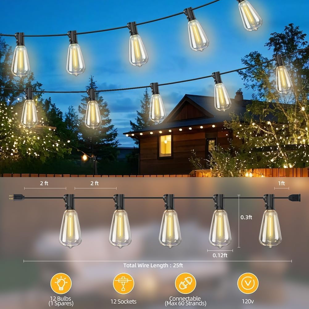 LINYAN-ST38 Outdoor String Lights 25FT with 12+1 LED Bulbs, E12 Socket ...