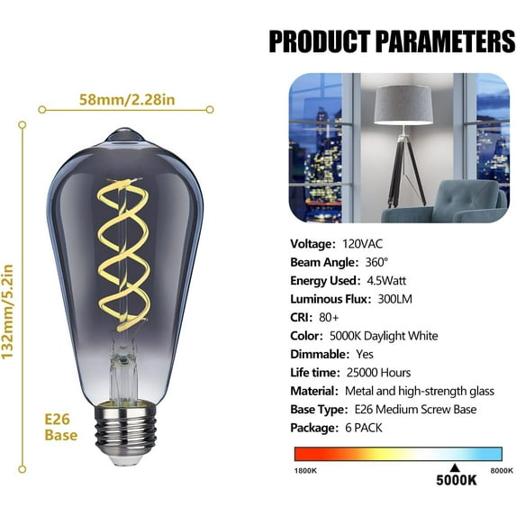 LINYAN-ST58(ST19) Smoky Grey Glass Vintage Edison Light Bulbs, 4.5W ...