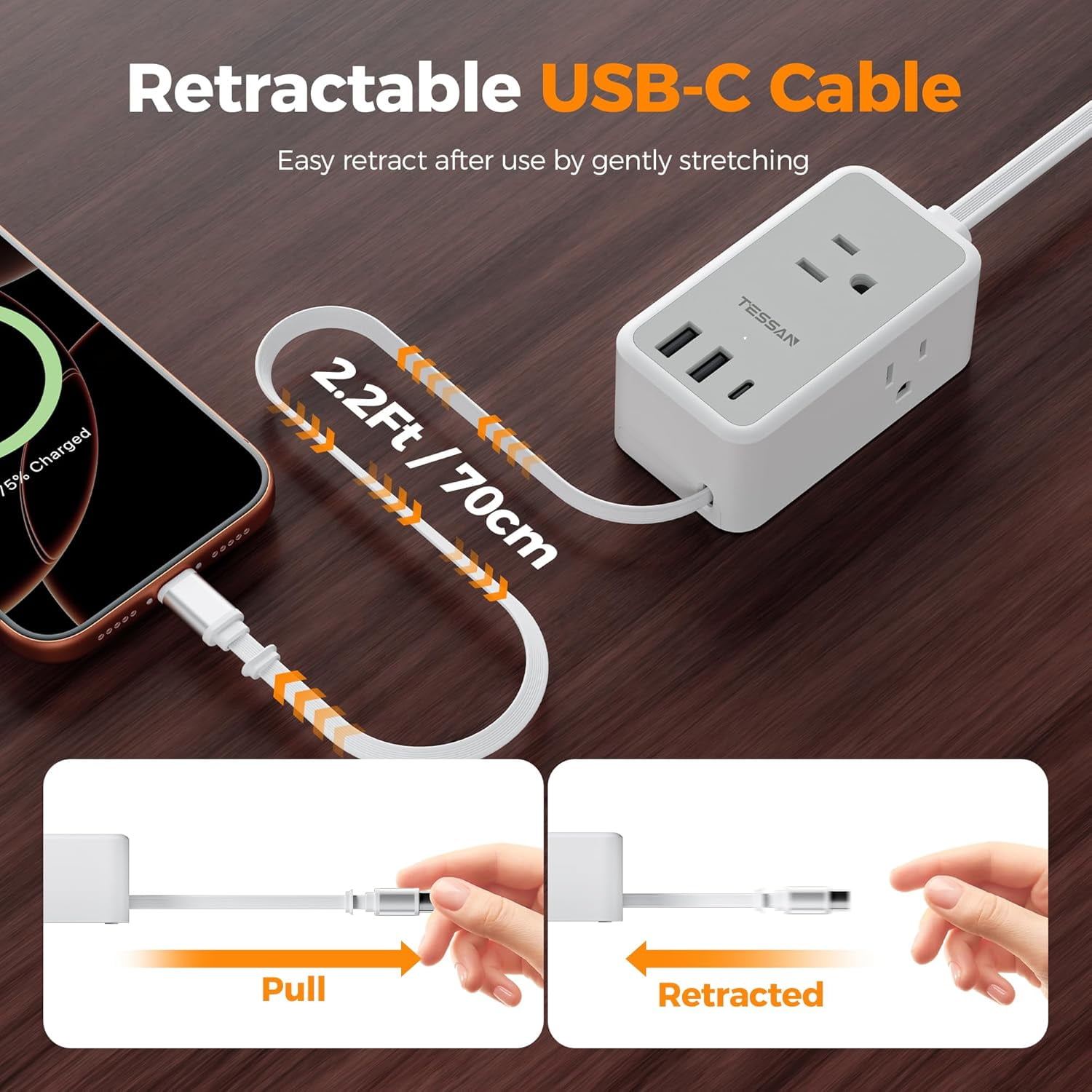 LINYAN-Small Flat Plug Power Strip with 1 PD20W Retractable USB C Cable ...