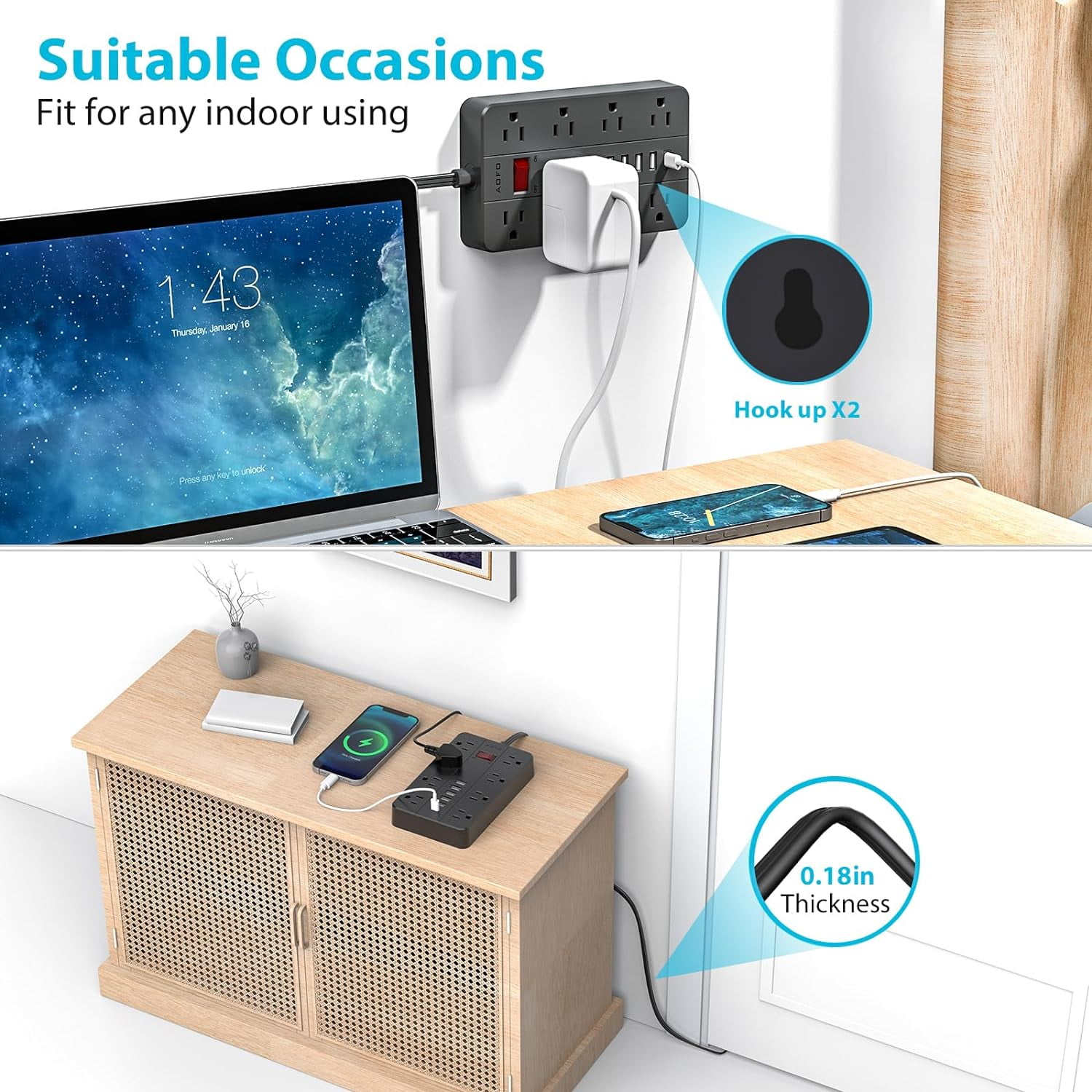 LINYAN-Surge Protector Flat Extension Cord Flat Plug Power Strip, 8 ...