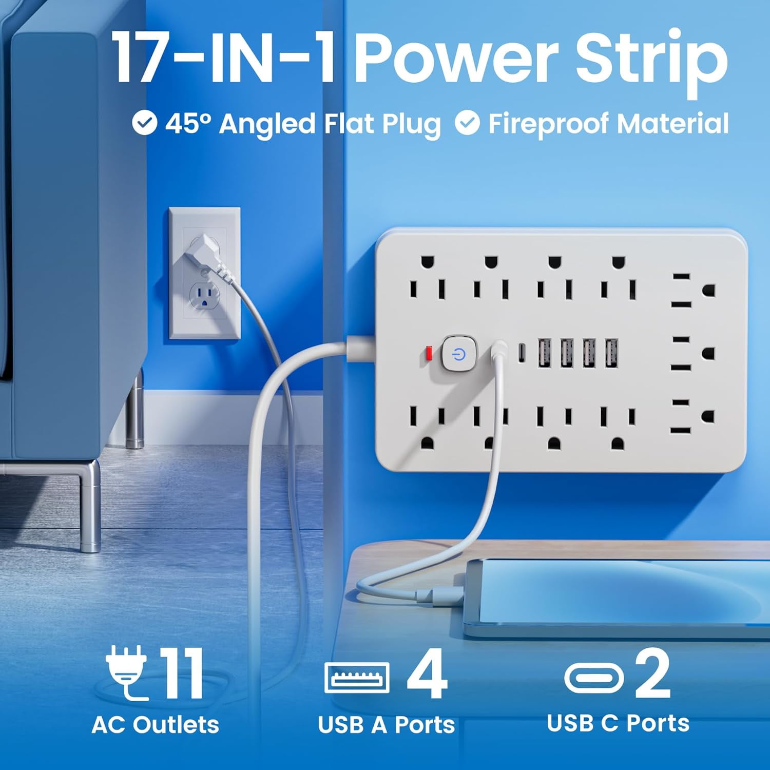 LINYAN-Surge Protector Power Strip 10 Ft, 11AC Outlets, 4 USB and 2 USB ...