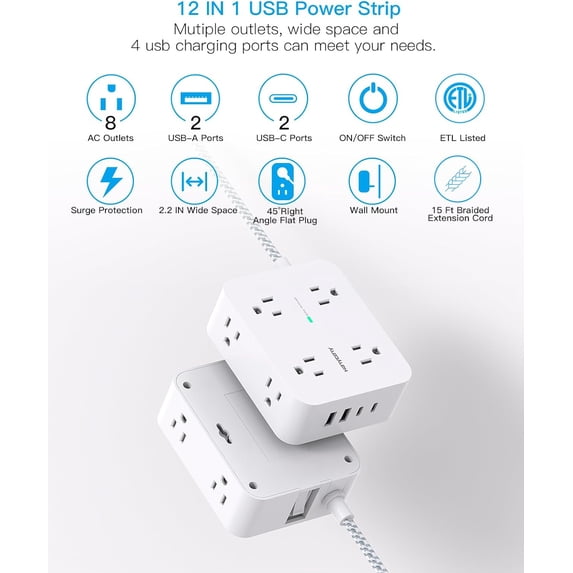LINYAN-Surge Protector Power Strip 15 Ft Long Cord, Extension Cord 15 ...