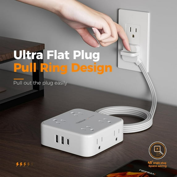 LINYAN-Surge Protector Power Strip, 5 FT Flat Extension Cord with 8 AC ...