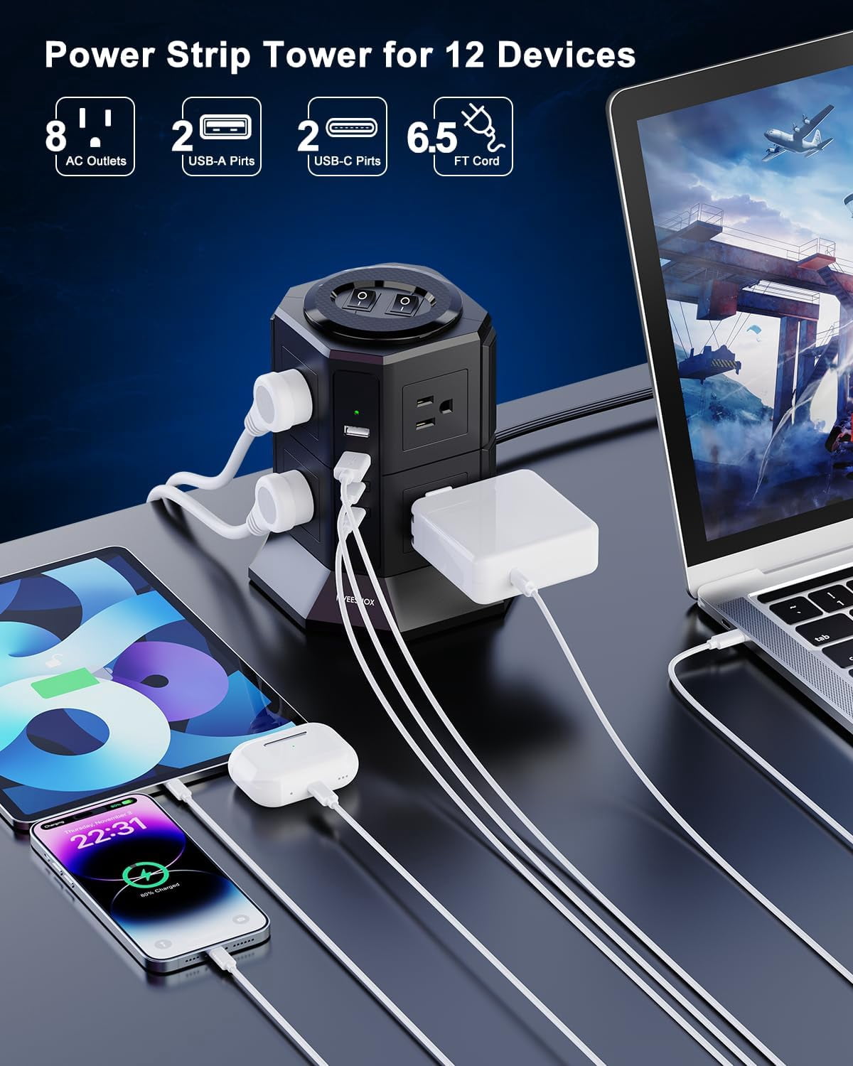 LINYAN-Surge Protector Power Strip Tower with 8 AC Outlets 4 USB Ports ...