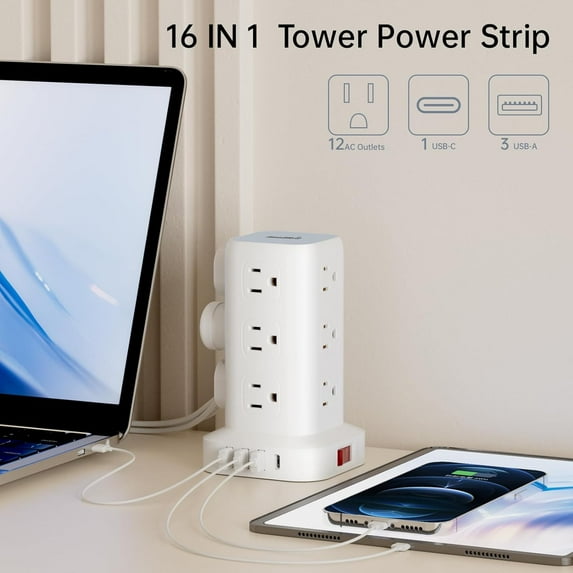 LINYAN-Surge Protector Power Strip Tower with Flat Plug, 10FT Ultra ...