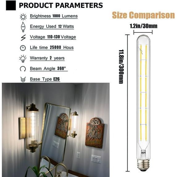 LINYAN-T300 Dimmable Led Tubular Bulb 12W,Long Tube Edison Led Vintage ...