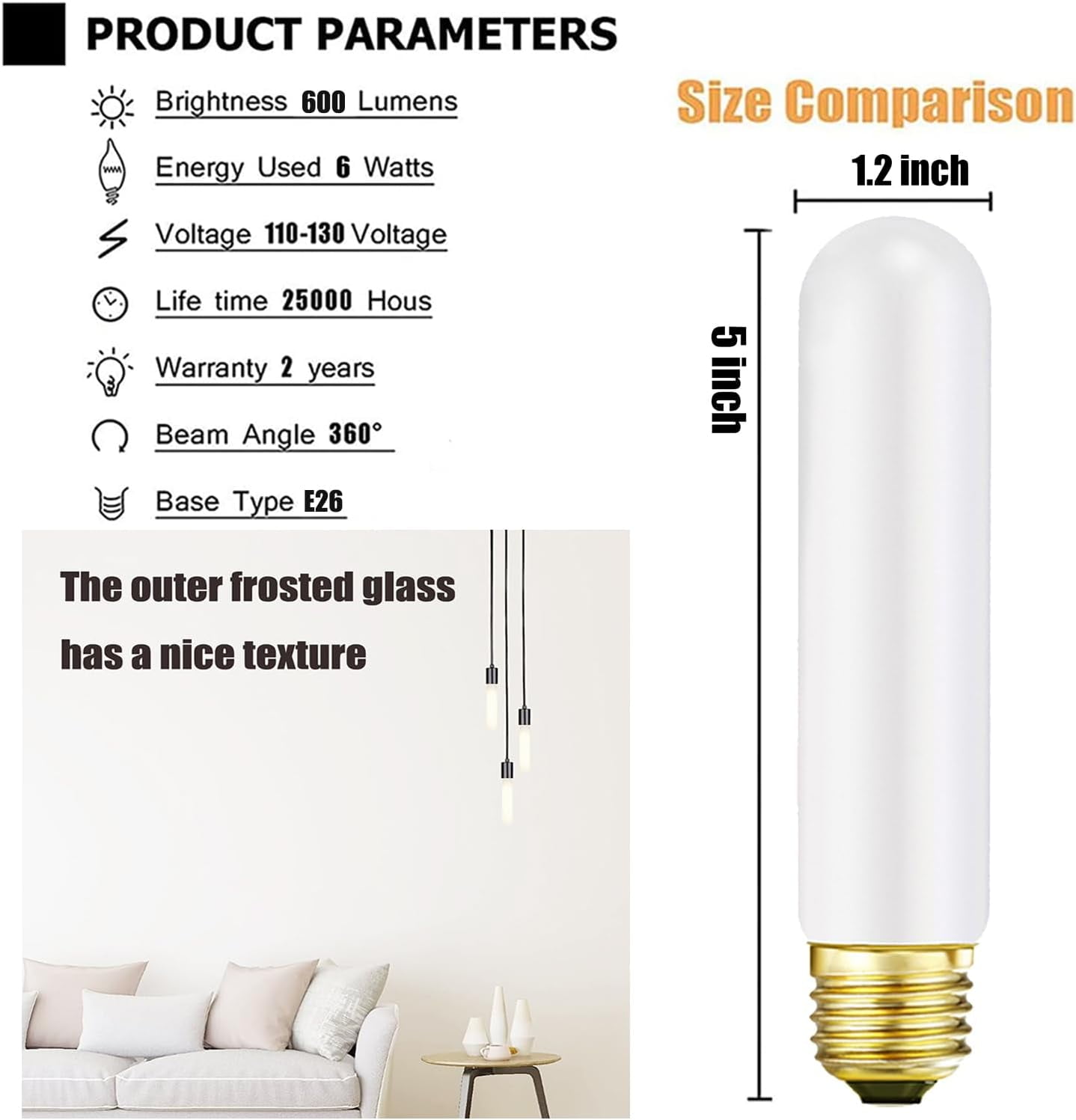 LINYAN-TE26 LED Light Bulb T10 6W 5.1inch E26 Base Matt Opal Porcelain ...