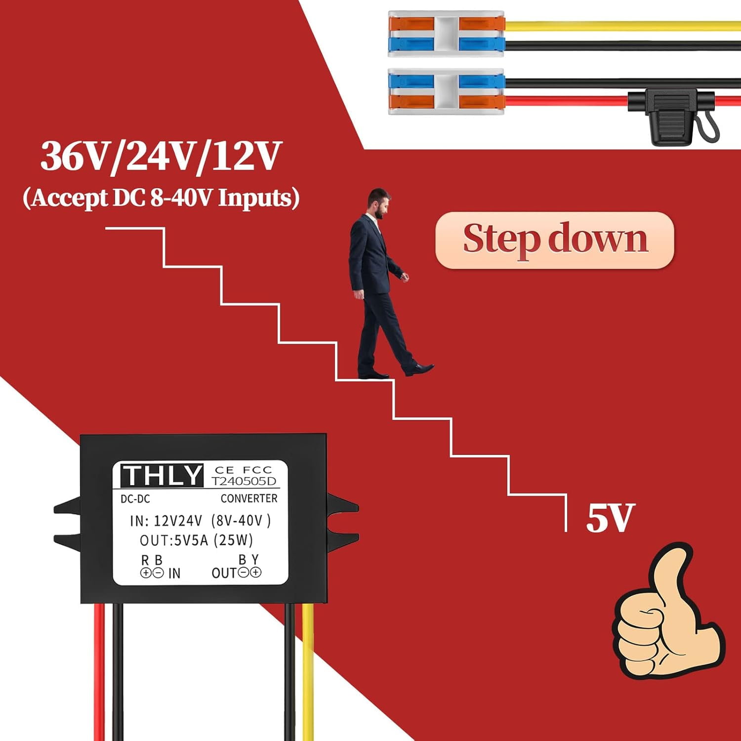 LINYAN-TPT Solar 12V to 5V Step Down Converter 5A 25W; DC Input 8-40V ...