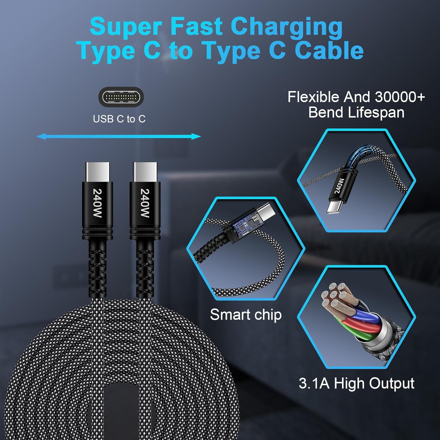 LINYAN-Type C to USB C Charger Cable 6ft 240W USB C Android Phone Power ...