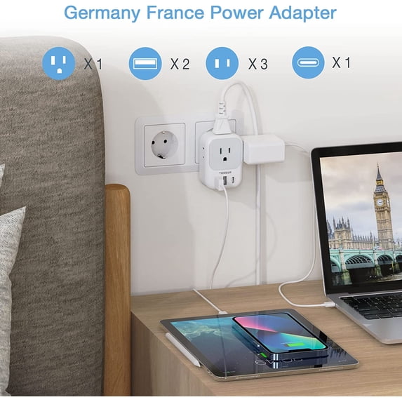 LINYAN-Type E F Plug Adapter, Germany France Power Adapter with 3 USB ...