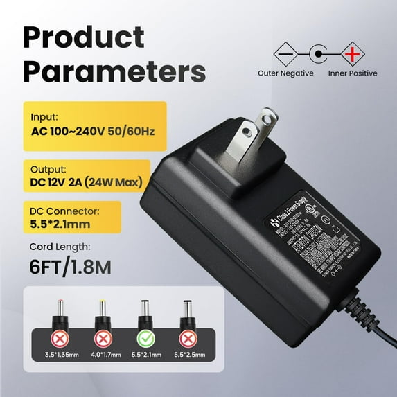 LINYAN-UL Listed 12V 2A 6FT Power Supply Adapter 2000mA 24W AC DC ...