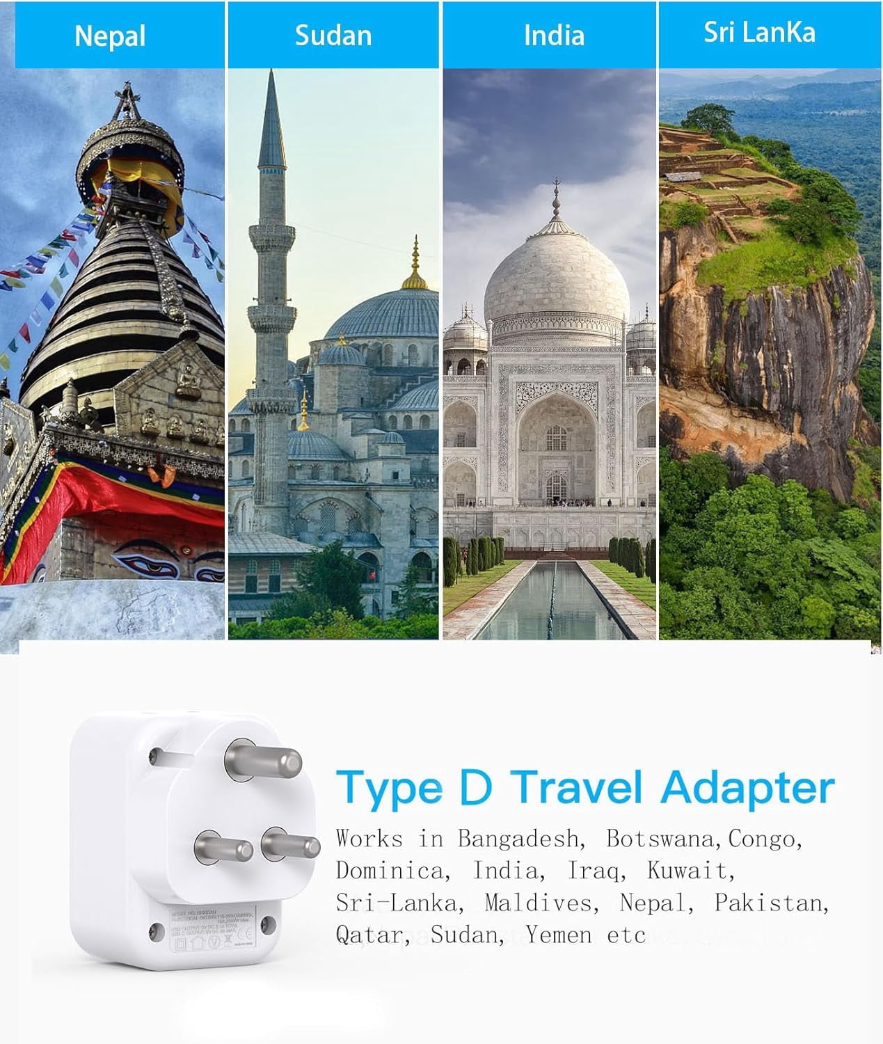LINYAN-US to India Plug Adapter, Type D Plug Adapter with 2 Outlets 3 ...